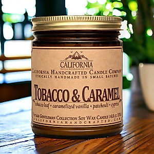 California Handcrafted Tobacco & Caramel Scented Soy Wax Candle for Men - Vintage Gentleman Collection - 9 oz Amber Glass Jar