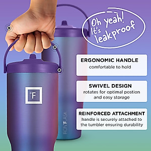 IRON °FLASK Sidekick Insulated Water Tumbler w/Straw & Foldable Handle - Stainless Steel Leak-Proof Bottle, Non-Slip Base & Fits Cup Holders for Hot, Cold Drinks - Travel Mug - 30 Oz, Aurora