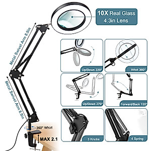 10X Magnifying Glass with Light and Clamp, Veemagni 3 Color Modes Stepless Dimmable Real Glass LED Lighted Magnifier, Adjustable Swing Arm Desk Lamp Hands Free for Close Works Crafts Repairing Sewing