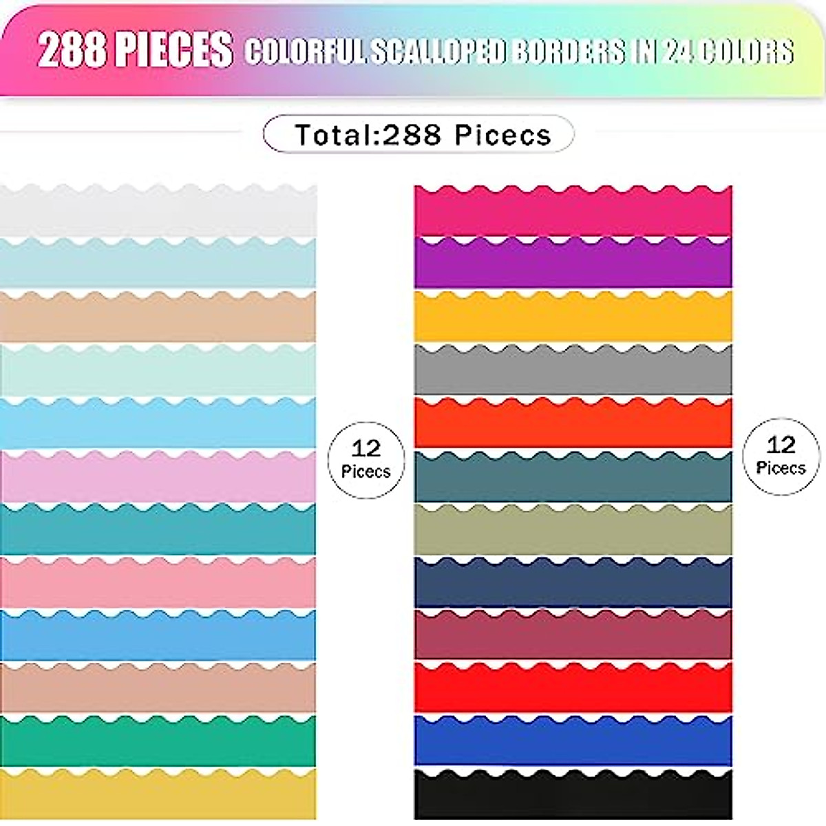 288 Feet Colorful Bulletin Board Borders Scalloped Classroom Borders Colorful Die Cut Border Trim Classroom Decorations for Bulletin Boards Chalkboard Wall Locker Office Back to School Decor,24 Colors