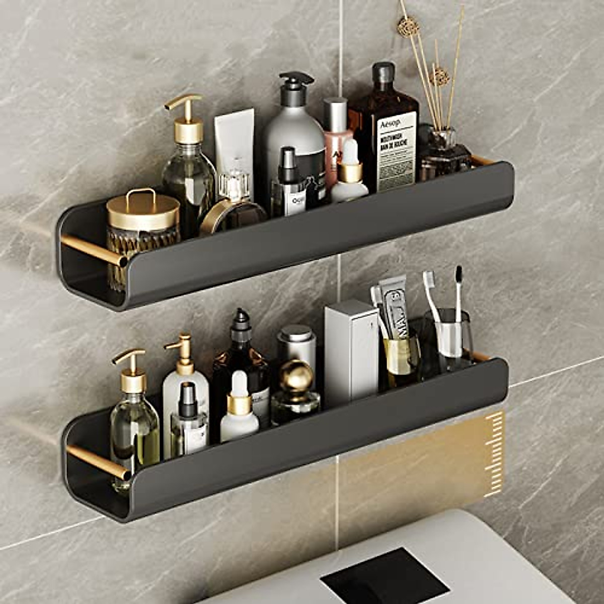 LARRO Bath Shelf Black Wall Mounted Shower Organizer No Drilling Shampoo Holder for Shower Adhesive Space Aluminum For Toilet Kitchen,A1 Tier ( Size : A2 floor )