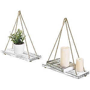MyGift 17-inch Whitewashed Wood Hanging Swing Rope Floating Shelves - Farmhouse Rustic Triangle Wall Plant Shelf, Set of 2