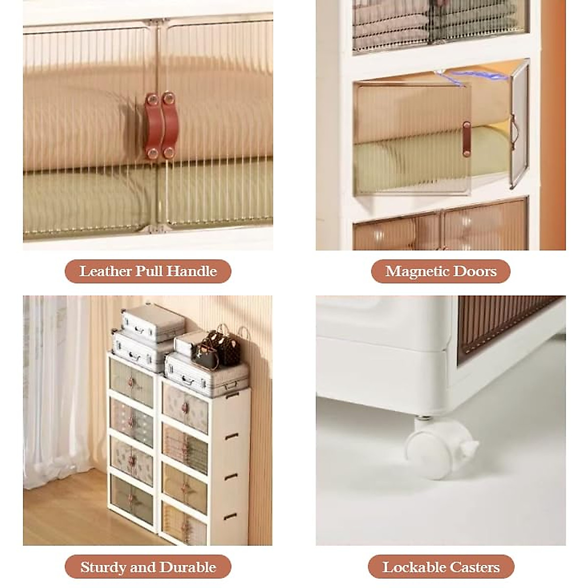 Stackable Storage Bins with Lids and Wheels, 3 Tier Lidded Storage Bins, Collapsible Folding Storage Box for Bedroom, Office, Closet Organizers and Storage, Foldable Storage Container, White & Brown