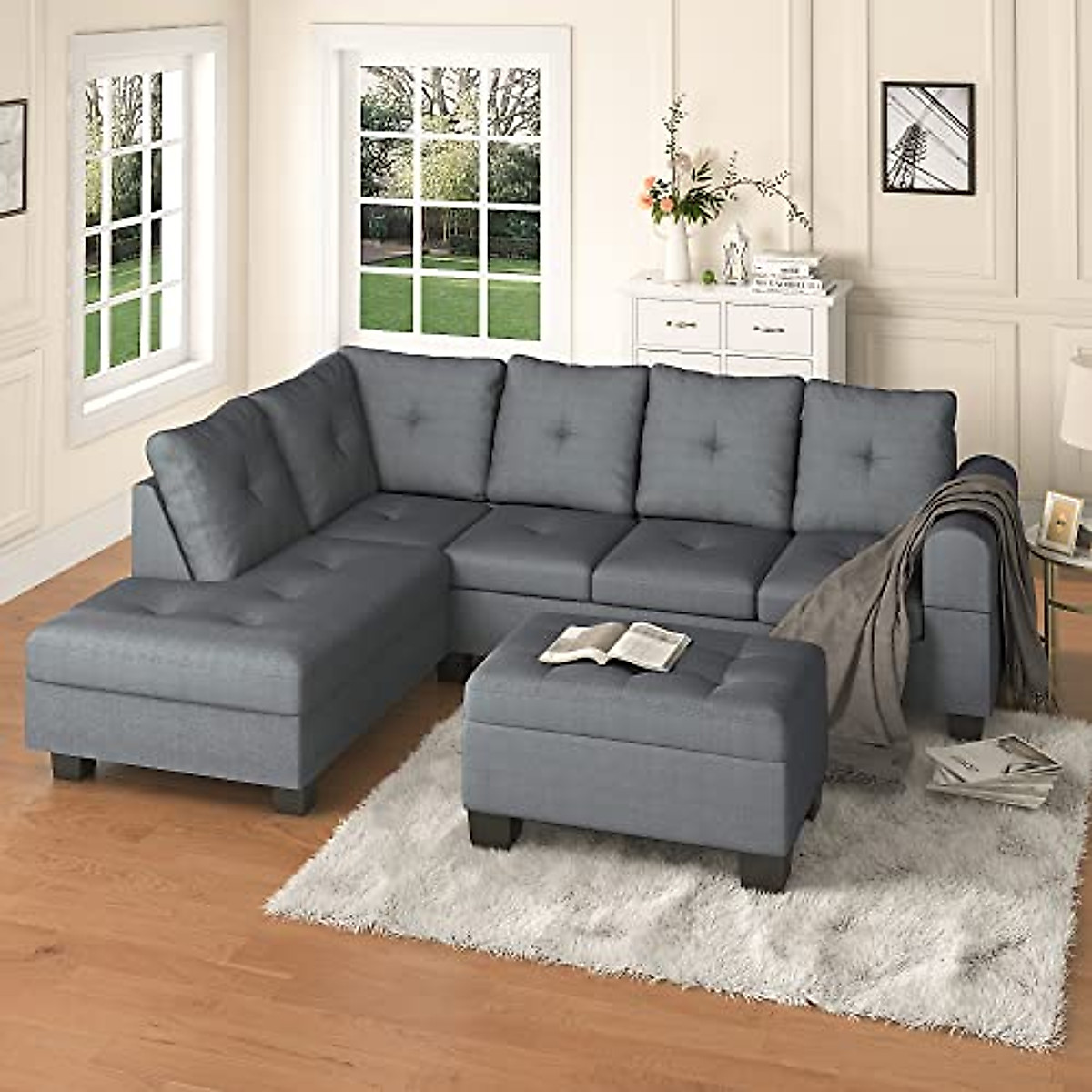 AWQM Upholstered Sectional Sofa for Home, Apartment, Dorm, Bonus Room, Compact Spaces w/Chaise Lounge, 5-Seat, L-Shape Design, Reversible Ottoman Bench, Living Room Funiture