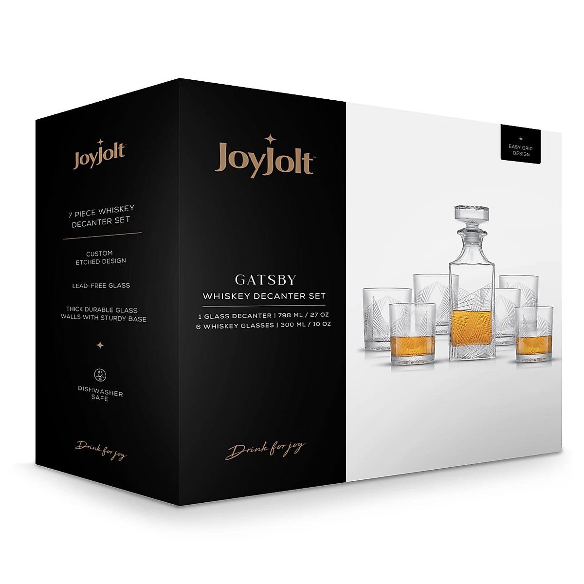 JoyJolt Gatsby Whiskey Decanter and 6PC Glasses Set. 27 oz Airtight Glass Decanter and Set of 6 Old Fashioned Rocks Glasses for Scotch, Bourbon Whisky, Brandy, Cognac Rum or Whiskey Cocktails