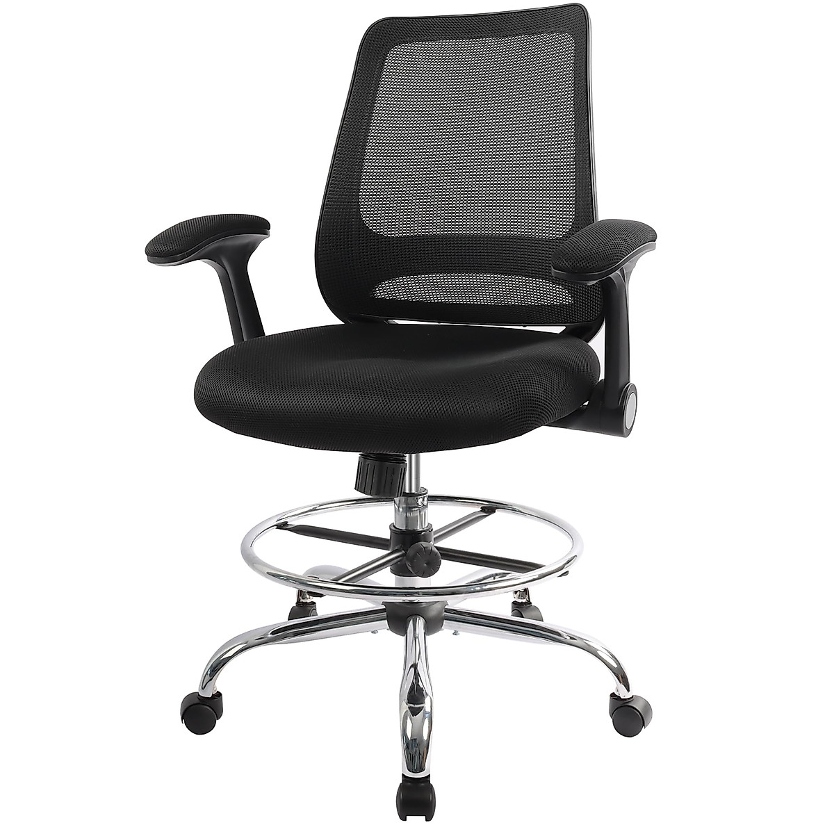 Drafting Chair, Height Adjustable Tall Office Chair, Standing Desk Chair with Adjustable Foot Ring and Flip-Up Arms, Black