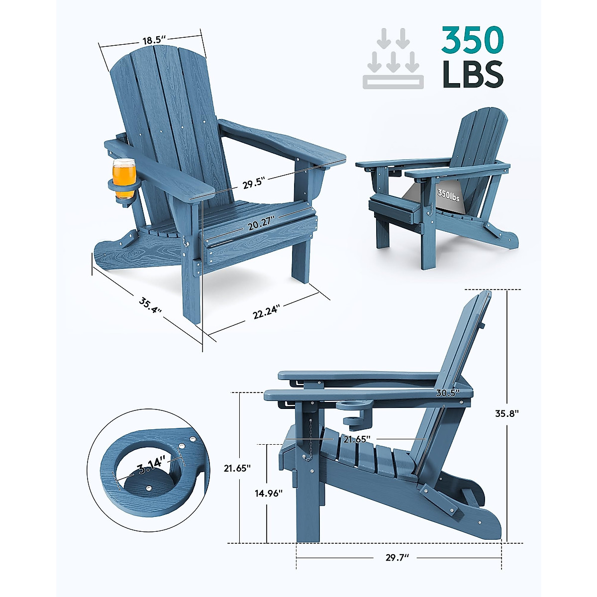 SERWALL 5-Piece Adirondack Chair and Ottoman and Table Set, HDPE Weather Resistant Adjustable Backrest Adirondack Chair with Ottoman and Side Table, Navy