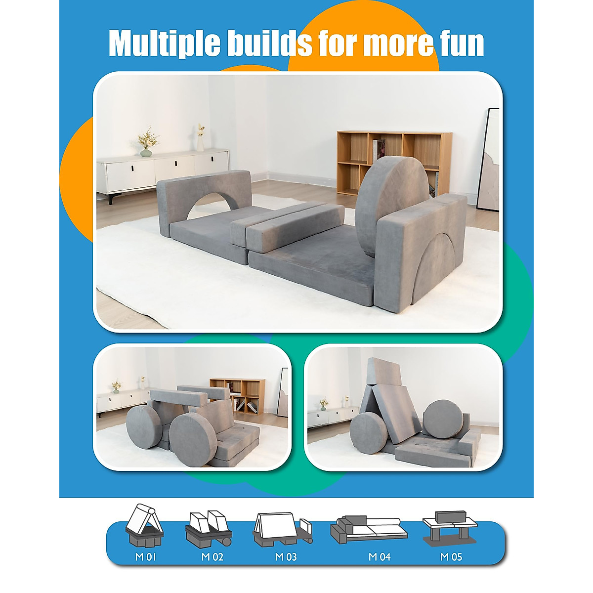 Manlilai Kids Sofa Couch 15PCS - Modular Toddler Play Couch with Removable Cover, Multifunctional Kids Couch for Playroom Bedroom - Convertible Foam Toddler Sofa for Girls and Boys (Gray)