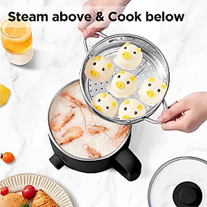Topwit Hot Pot Electric with Steamer, 1.6L Ramen Cooker, Electric Pot for Pasta, Shabu-Shabu, Oatmeal, Soup and Egg, Electric Cooker with Dual Power Control, Dorm Room Essentials, Black