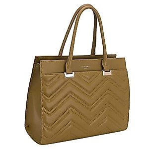 DAVID JONES Paris Women Fashion Chevron Design Satchel Handbag Work Travel Tote Bag with Crossbody (Khaki)