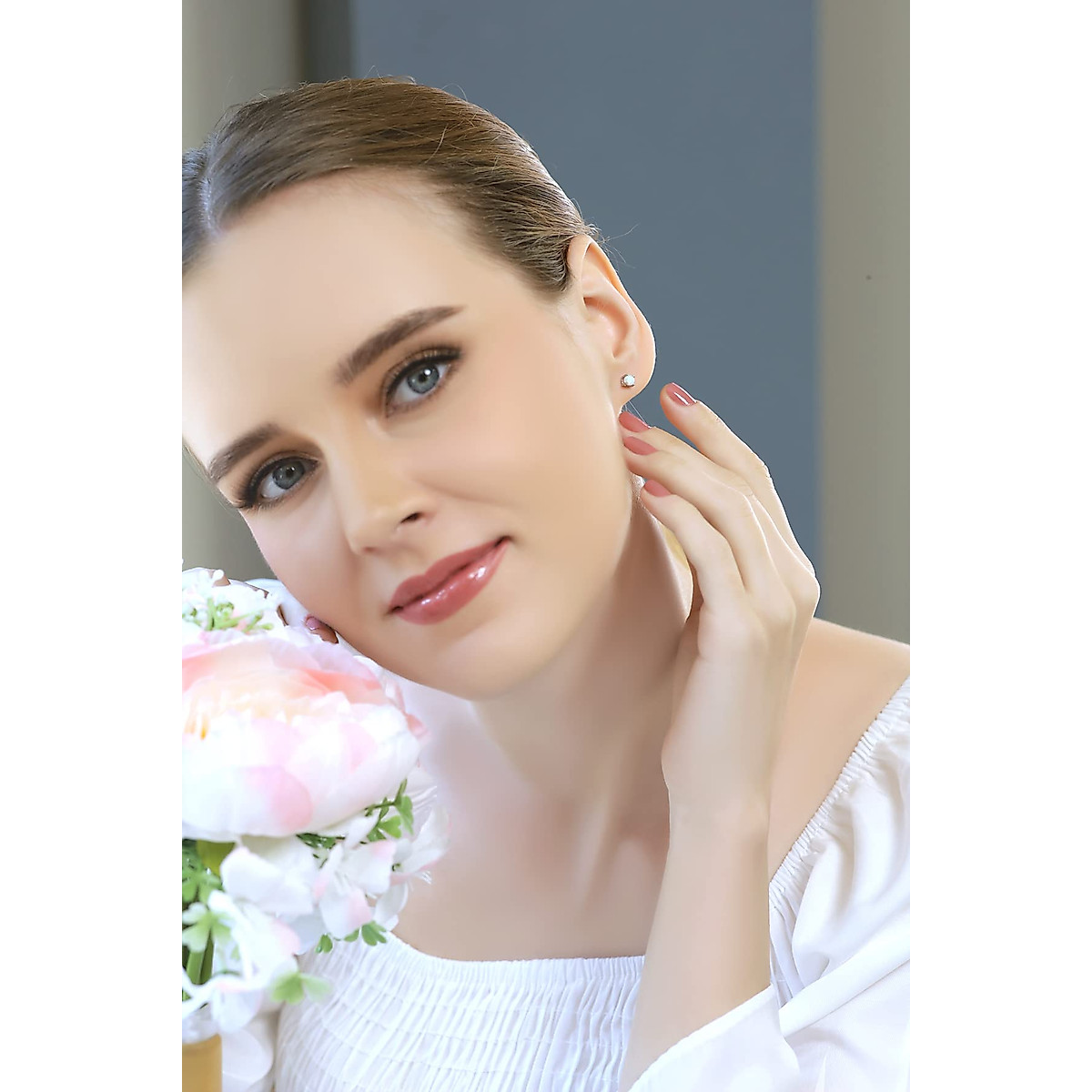 Opal Earrings for Women Sterling Silver Simulated White Opal 4mm Round-Cut Solitaire Small Stud Earrings for Teens