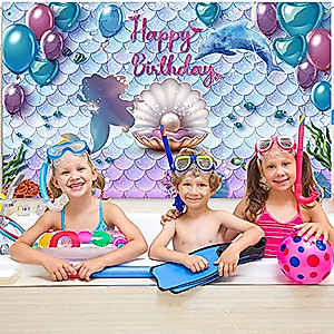 Under The Sea Mermaid Birthday Party Backdrop Girl Princess Mermaid Scales Birthday Photo Booth Backdrop Purple Blue Mermaid Pearl Whale Background Banner for Birthday Party Decor, 71 x 43 Inch