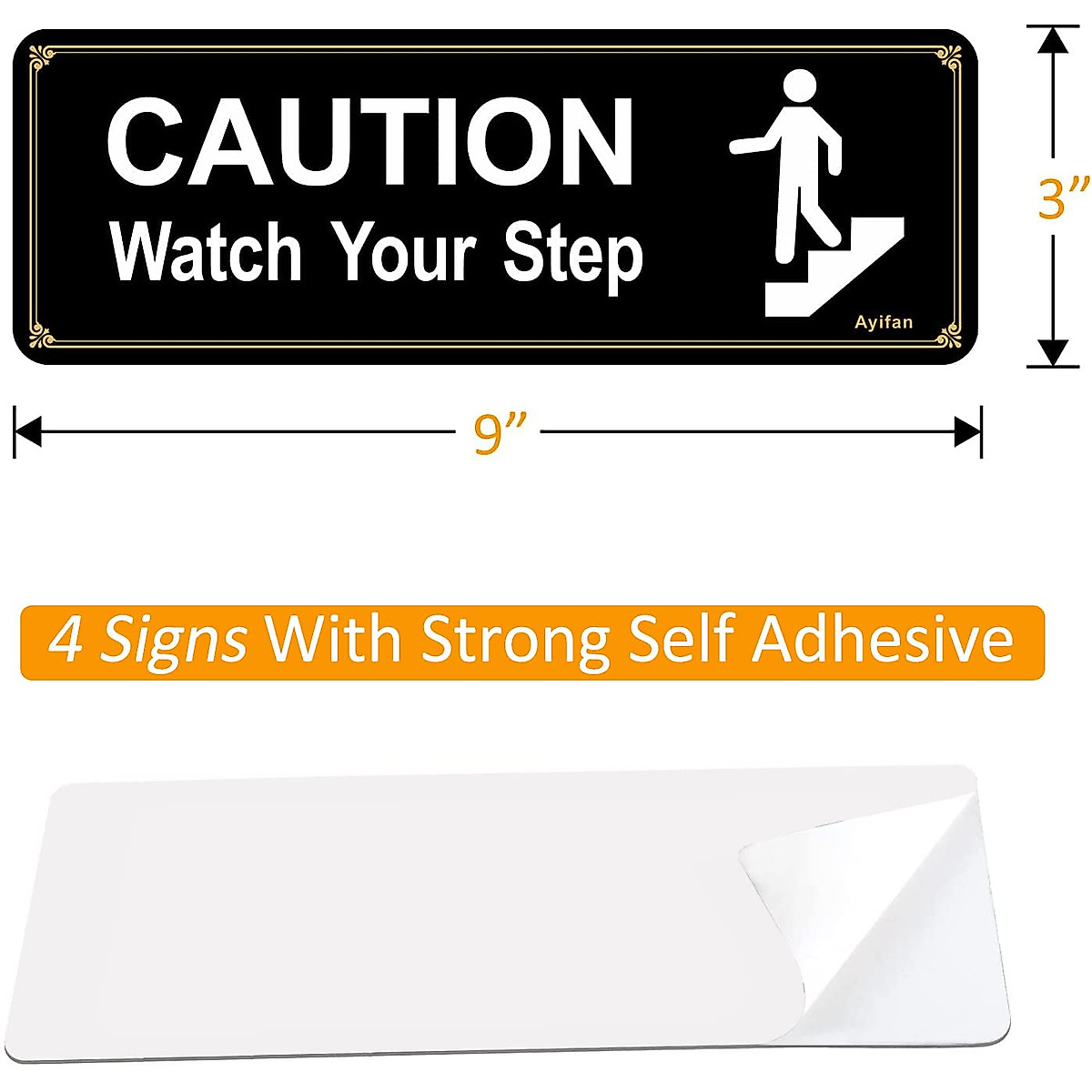 4 Pack Caution Watch Your Step Sign for floor, Acrylic with Symbols Self-adhesive for Home and Business Restaurants Offices 9"x3" Black Gold Easy to Mount Outdoor or Indoor Use Black