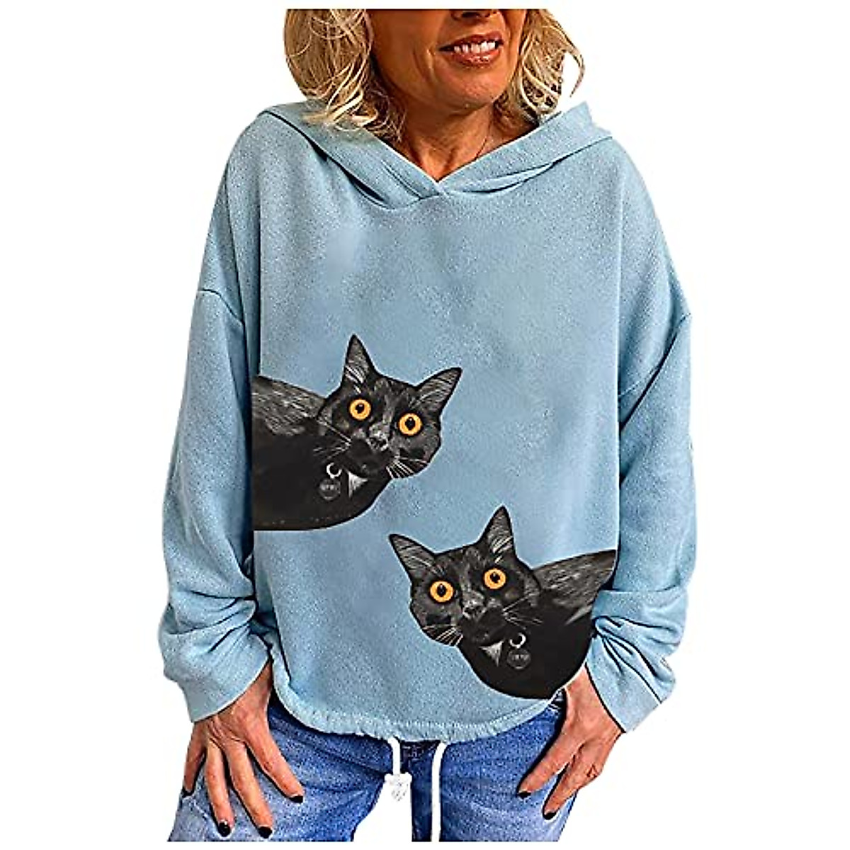 Womens Long Sleeve Hoodie Simple Cat Printed Pullover Tops Casual Loose Drawstring Hooded Shirts Blue