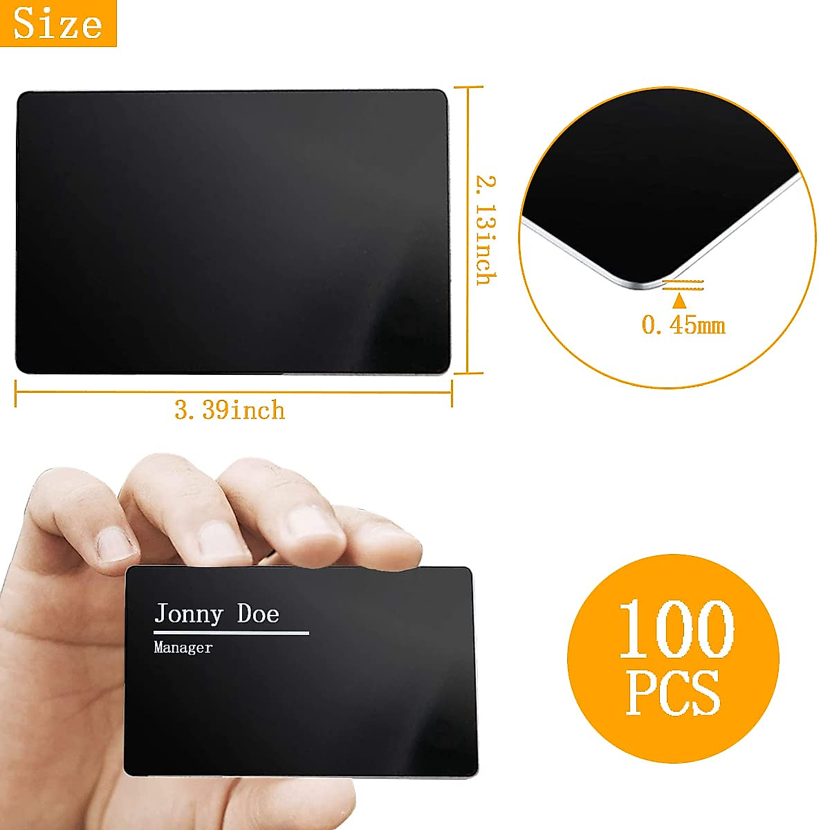 LOSYHU 100PCS Metal Business Card 0.45mm Thickness Aluminum Cards Metal Engraving Blanks Cards Aluminum Laser Engraving Cards for Office Name Cards, DIY Gift Cards, VIP Cards 3.4 x 2.1 Inch, Black