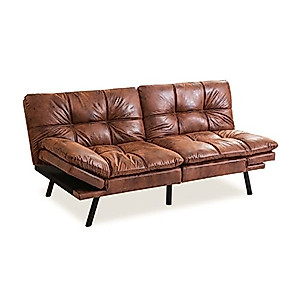 Opoiar Futon Memory Foam Couch Bed with Mattress and Frame Included,Comfortable Faxu Loveseat Sleeper Sofa for Dorm Apartment Office College Small Space Bedroom RV Living Room, Brown Leather