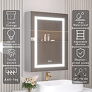 MIRPLUS 26x20 inch Bathroom Medicine Cabinet with LED Mirror, Anti-Fog, Waterproof, 6000K Single Door Lighted Bathroom Cabinet with Touch Swich, Recessed or Surface Mount (Right Door)