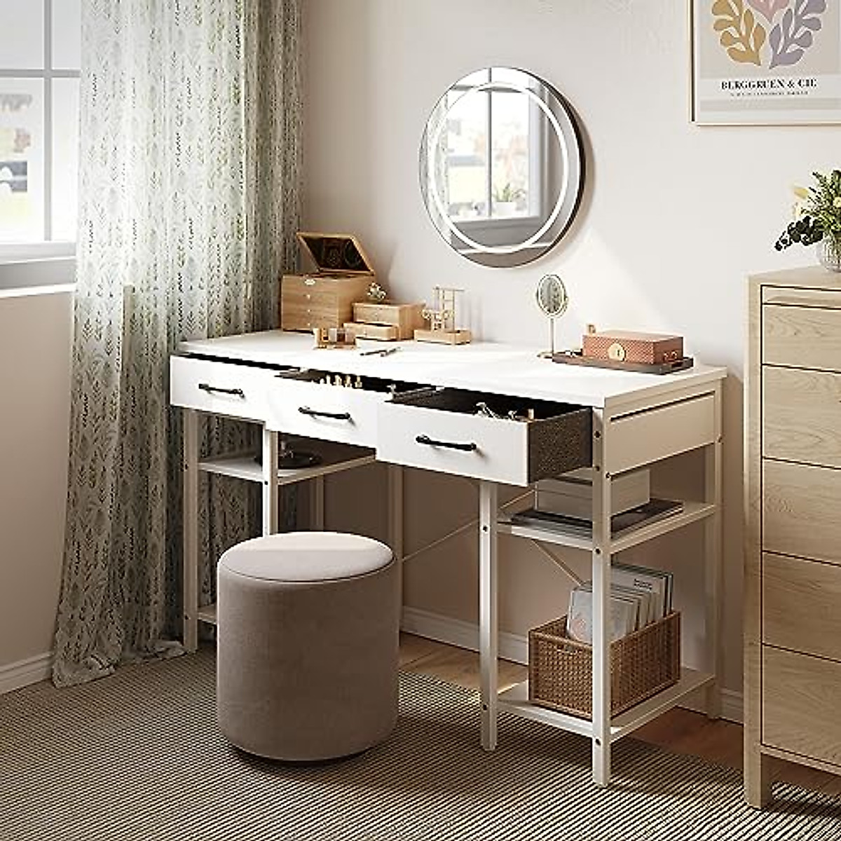 CubiCubi 47 Inch Computer Desk with Fabric Drawers and Storage Shelfs, Small Office Home Desk, Study Writing Table, Modern Simple Desk, White