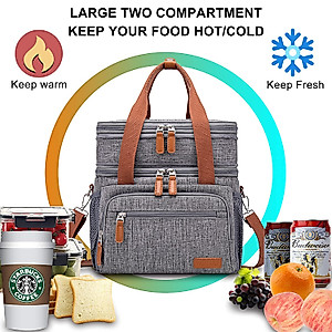 Weitars Lunch Bag for Women Men, Loncheras Para Mujer Dual Compartment Waterproof Reusable Large Lunch Box Wide-Open Cooler Tote Bag For Working Picnic Hiking (15L) (Gray(kahki))