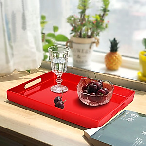 XMNFLY Serving Tray with Handles-10x15Inch Red Melamine Modern Serving Platters,Serving Wine,Coffee,Breakfast/Kitchen Countertop Tray/Makeup Drawer Organizer/Vanity Table Tray/Decorative Tray