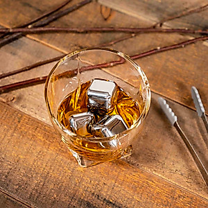 Whiskey Stones Stainless Steel Gift Set for Men, Dad - Reusable Waterless Cooling Ice Cubes with Tongs for Drink, Beverage, Bourbon, Coffee - 4 Pcs with Tongs in Box