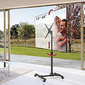 Barkan Mobile TV Cart 13-65 inch Tilt and Height Adjustment Stand, Holds Up to 80 lbs, Glossy Finish, Lockable Wheels, 5 Year Warranty, Rolling Trolley, Fits LED OLED LCD, Black