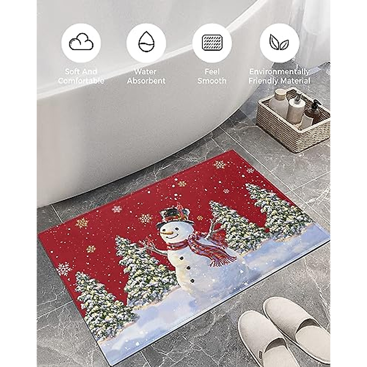 Yun Nist Christmas Snowman Bathroom Rug,Xmas Tree Red Soft Shag Rug Non Slip Doormat,Winter Snowflakes Absorbent Carpet Furry Cozy Floor Mat for Kitchen Bedroom Living Room 16x24in