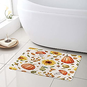 HVEST Fall Shower Curtain and Bathroom Rugs, Pumpkin Sunflower Autumn Leaf and Mushroom on Beige Shower Curtain with Bath Mat, 72X72 inches Farmhouse Fall Thanksgiving Bathroom Shower Curtain Set