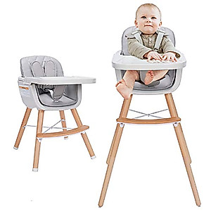 3-in-1 Convertible Wooden High Chair,Baby High Chair with Adjustable Legs & Dishwasher Safe Tray, Made of Sleek Hardwood & Premium Leatherette, Mid Grey