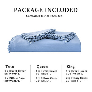 Pom Pom Duvet Cover Queen Size, Soft Washed Microfiber Duvet Cover Set, 3 Pieces Boho Duvet Cover Set with Zipper Closure, Dusty Blue, 90x90 inches