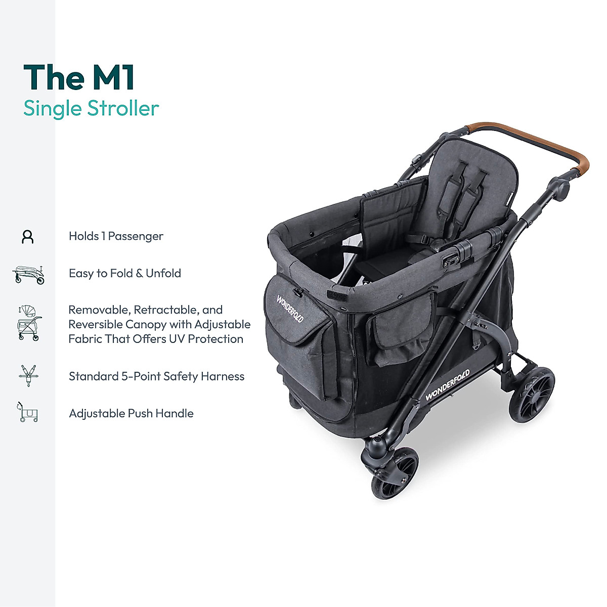 WONDERFOLD M1 Luxe Stroller Wagon (1 Seater) with Raised/Reclining/Removable Seats, Retractable/Removable Canopy, 5 Point Safety Harness, and Adjustable Push Handle - Volcanic Black