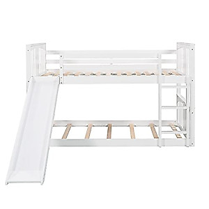 Tidyard Twin Over Twin Bunk Bed with Slide and Ladder, Wood Bed Frame White for Bedroom Dorm Guest Room Home Furniture
