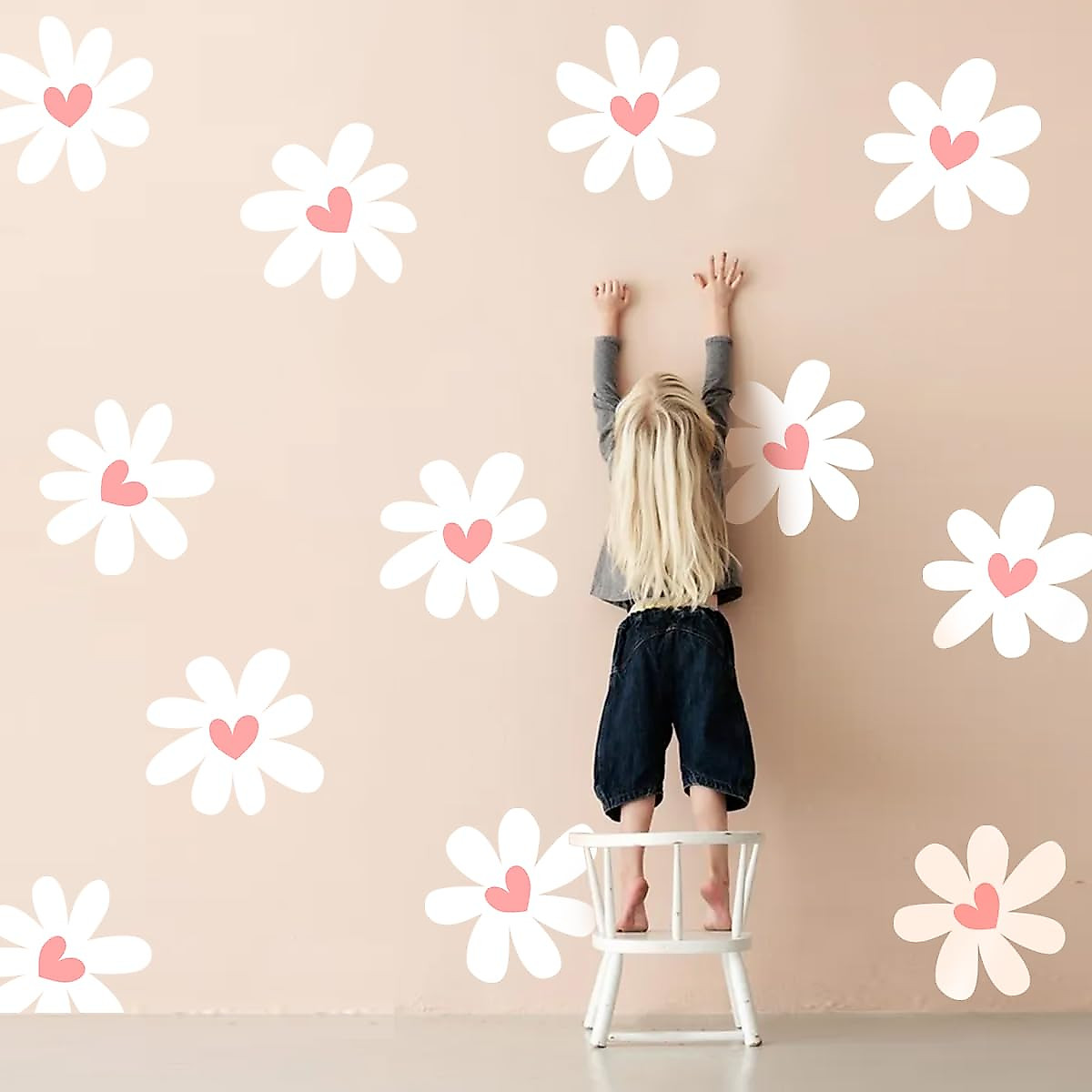 12 Sheets Daisy Wall Stickers Peel and Stick Pink Heart Decals for Room Decor Large Boho White Flower Wallpaper Decal for Kids Girls Nursery Furniture Dresser Bedroom Playroom Living Room Walls Window
