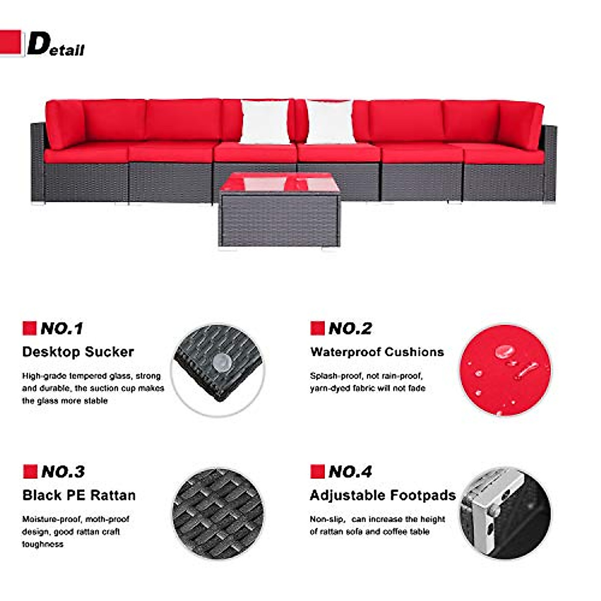 Excited Work 7 PCs Outdoor Patio Furniture Sets PE Rattan Wicker Sofa Sectional Furniture Set with 2 Pillows and Tea Table (Red)