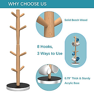 ONEDONE Coffee Mug Holder Wood Coffee Cup Holder with 8 Hooks 3-in-1 Mug Stands Coffee Mug Tree for Counter Christmas Gift for Women(Clear & Clear)