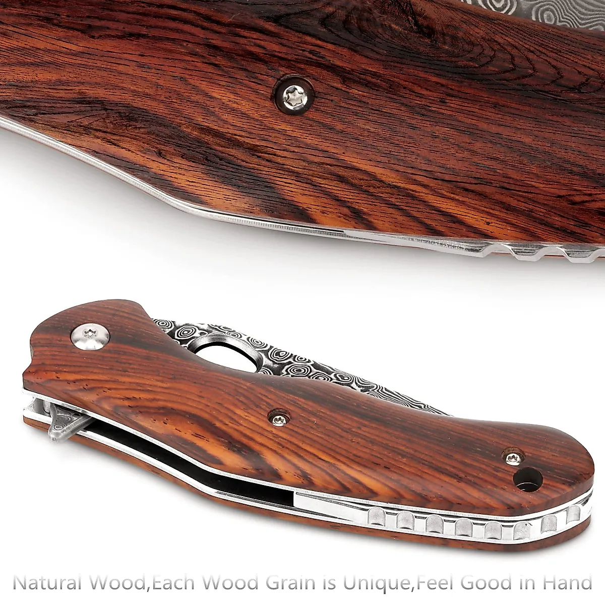 Benkey Damascus Folding Knife, Sharp VG10 Core Damascus Steel Pocket Knives with Natural Wood Handle, Quality Leather Sheath, Ball Bearing, Liner Lock, Lightweight Pocket Knife for EDC Men Women