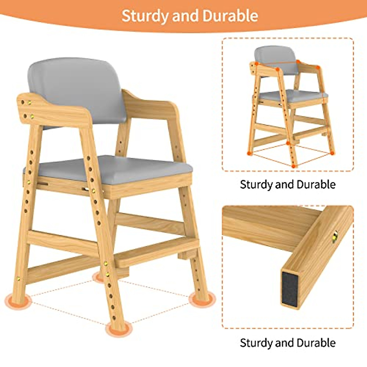 Wooden High Chair for Toddlers, Adjustable Toddler High Chair with High Rebound Waterproof Cushion for Toddlers to Teens，Toddler Dining Chair with Steps for Kids Dining, Studying, Step Tool (Grey)