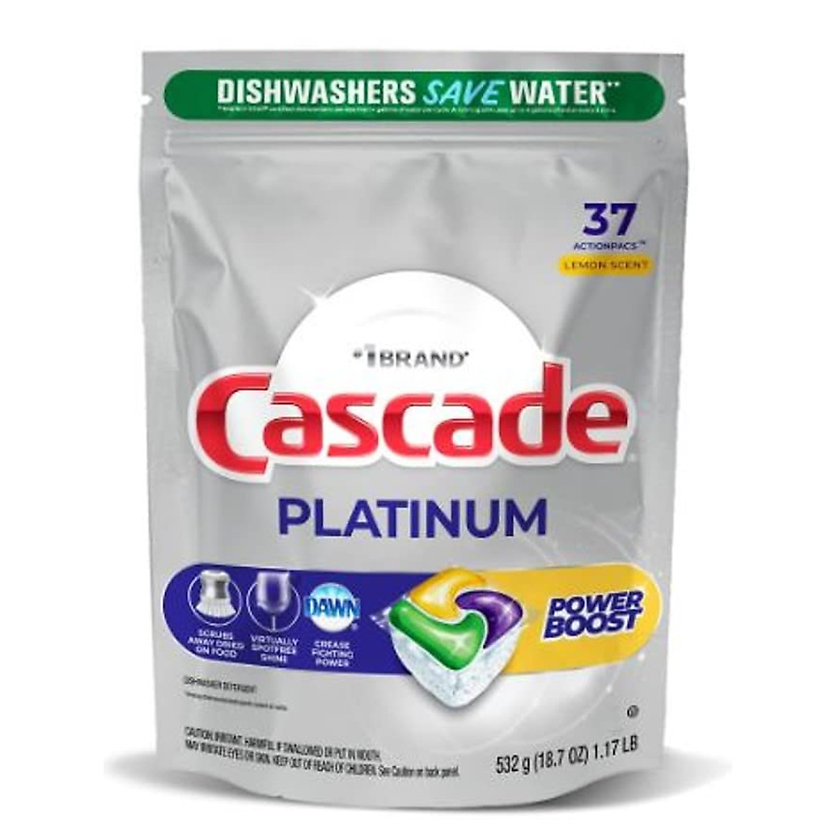 Cascade Platinum Dishwasher Pods, Dishwasher Detergent, Dishwasher Pod, Dishwasher Soap Pods, Platinum Boost Actionpacs, Lemon, 37 Count Dishwasher Detergent Pods