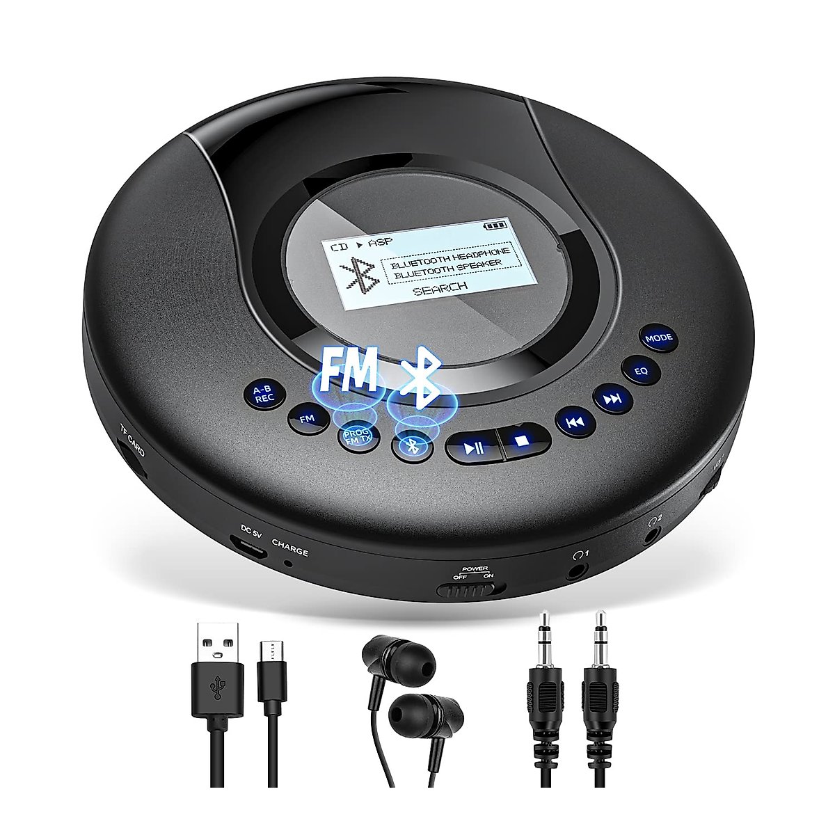 CD Player Portable ARAFUNA, Portable CD Player Bluetooth with FM Radio, 2000mAh Rechargeable CD Player for Car with LCD Screen, Anti Shock Protection Walkman CD Player with Headphone, AUX Cable