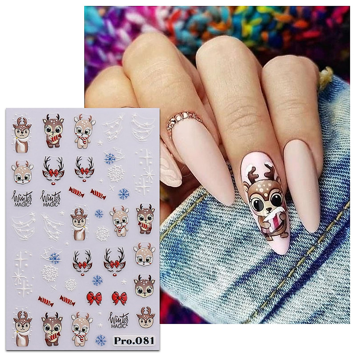 JMEOWIO 6 Sheets Christmas Nail Art Stickers Decals Self-Adhesive Pegatinas Uñas Snowflake Santa Snowman Xmas Winter Holiday Nail Supplies Nail Art Design Decoration Accessories