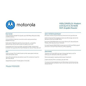MOTOROLA VDSL2/ADSL2+ Modem + WiFi AC1600 Gigabit Router, Model MD1600, for Non-Bonded, Non-Vectoring DSL from Frontier and Some Other DSL Providers (Renewed)
