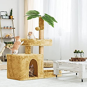 TSCOMON 31.5" Cat Tree Cat Tower for Indoor Cats with Green Leaves, Cat Condo Cozy Plush Cat House with Hang Ball and Leaf Shape Design, Cat Furniture Pet House with Cat Scratching Posts, Beige