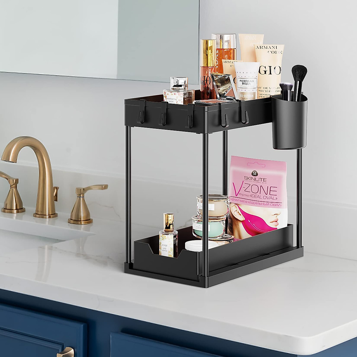 EWU 2 Pack Under Sink Organizers and Storage, 2 Tier Under Sliding Cabinet Basket Organizer Drawer, Multi-purpose Storage Shelf for Kitchen Bathroom Bedroom Office with Hanging Cup and 5 Hooks, Black