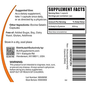 BULKSUPPLEMENTS.COM NAC 600 mg Capsules - N-Acetyle Cysteine 600mg, NAC Supplement, NAC 600mg - NAC Capsules, Gluten Free - 1 Capsule per Serving, 360-Day Supply, 360 Capsules