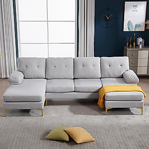 RXRRXY Modern 106'' U Shaped Sectional Couch, Oversized 4 Seater Sofa with Double Chaise, Sleeper Sofa with Chenille Fabric and Sturdy Metal Legs for Bedroom, Living Room, Apartment (Gray)