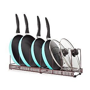 Drengdrau Expandable Pots and Pans Organizer Rack, Adjustable Pot Lid Organizer Holder, Cutting Board Organizer with 10 Dividers for Kitchen Counter Cabinet Bakeware Organizer, Bronze