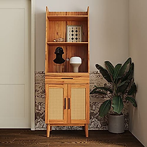Rattan Door Bookshelf Display Case with Drawer Walnut Finish Open Shelves Narrow Wooden Bookcase Rustic Natural Wicker Decor Storage Cabinet for Living Room Home Office,67.72”W x 26.77” D x5.51”H