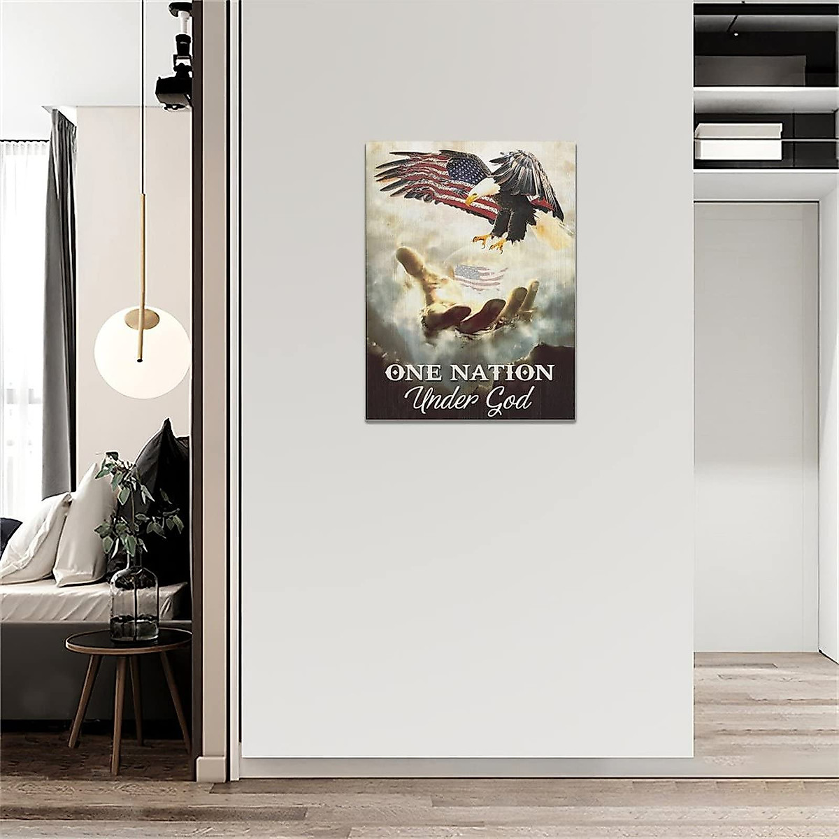 Yudchen Bald Eagle Wall Art American Flag Pictures Wall Decor Rustic Christian Eagle Canvas Prints Painting Home Decor Patriotic Framed Artwork for Living Room Bedroom Office Ready to Hang 12''x16''