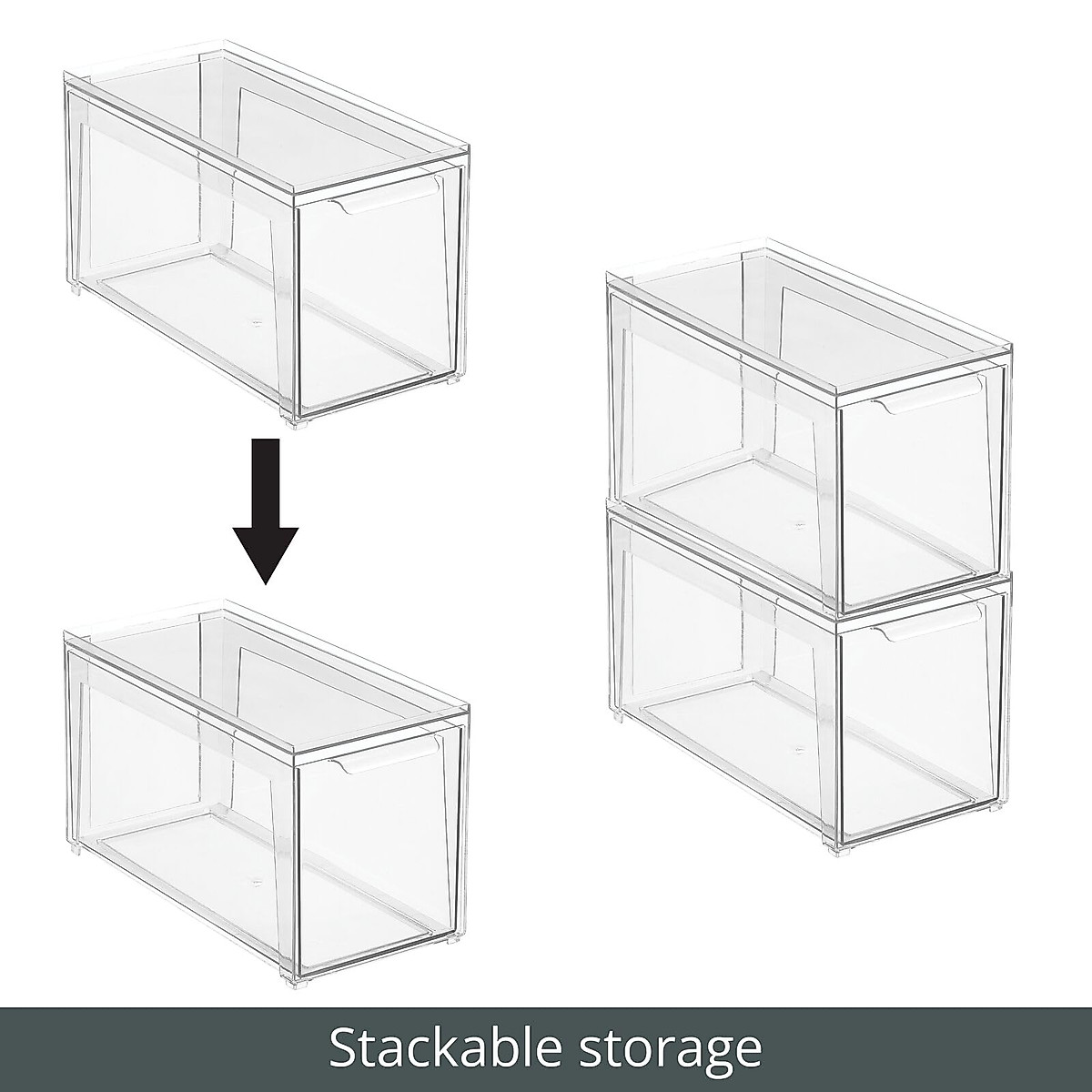 mDesign Plastic Stackable Bathroom Storage with Pull Out Bin Organizer Drawer for Cabinet, Vanity, Shelf, Cupboard, Cabinet, or Closet Organization - Lumiere Collection - 2 Pack - Clear