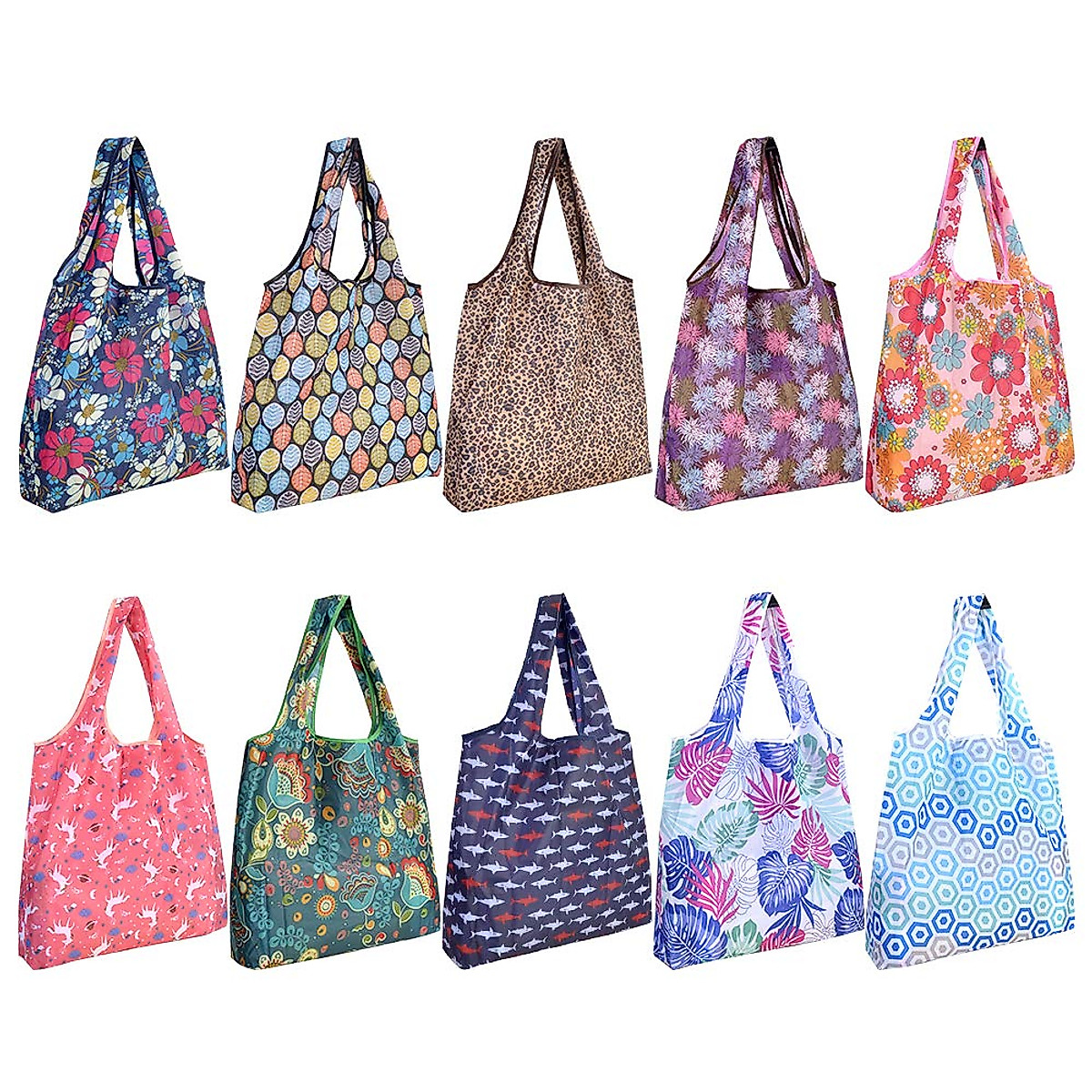10 Pack Reusable Grocery Shopping Bags, SZUAH Foldable Shopping Bags Grocery Tote with Attached Pouch,Machine Washable Eco-Friendly.